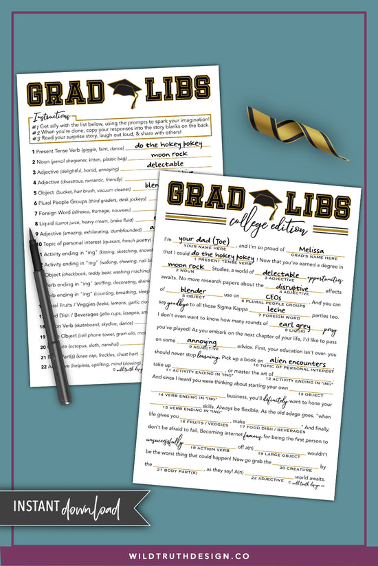 Grad Libs College Graduation Party Game – Wild Truth Design Co