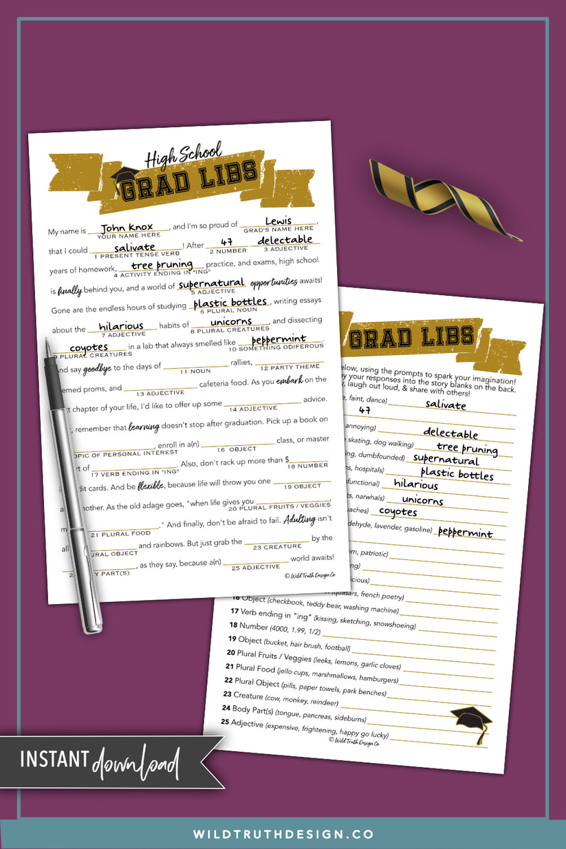 Grad Libs High School Graduation Party Game – Wild Truth Design Co