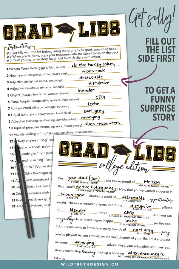 Grad Libs College Graduation Party Game – Wild Truth Design Co