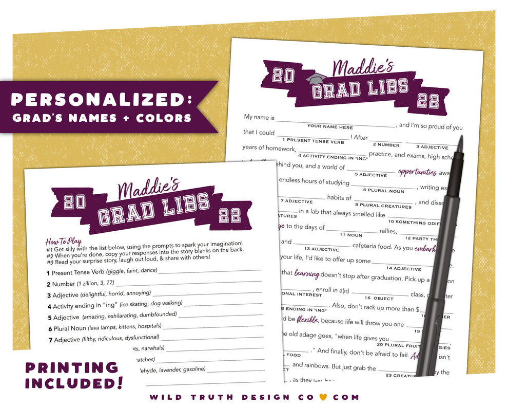 Grad Libs High School Graduation Party Game – Wild Truth Design Co