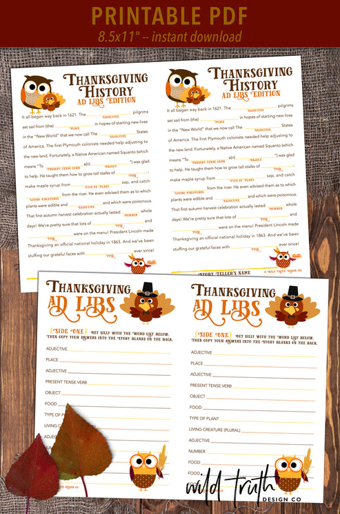 Funny Thanksgiving Game - History Ad Lib - All Ages Activity – Wild ...