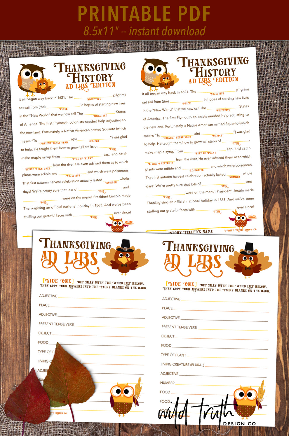 Funny Thanksgiving Game - History Ad Lib - All Ages Activity – Wild ...