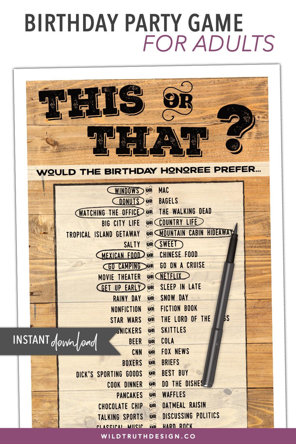 This or That Game - Unique Birthday Party Printable For Adults – Wild ...